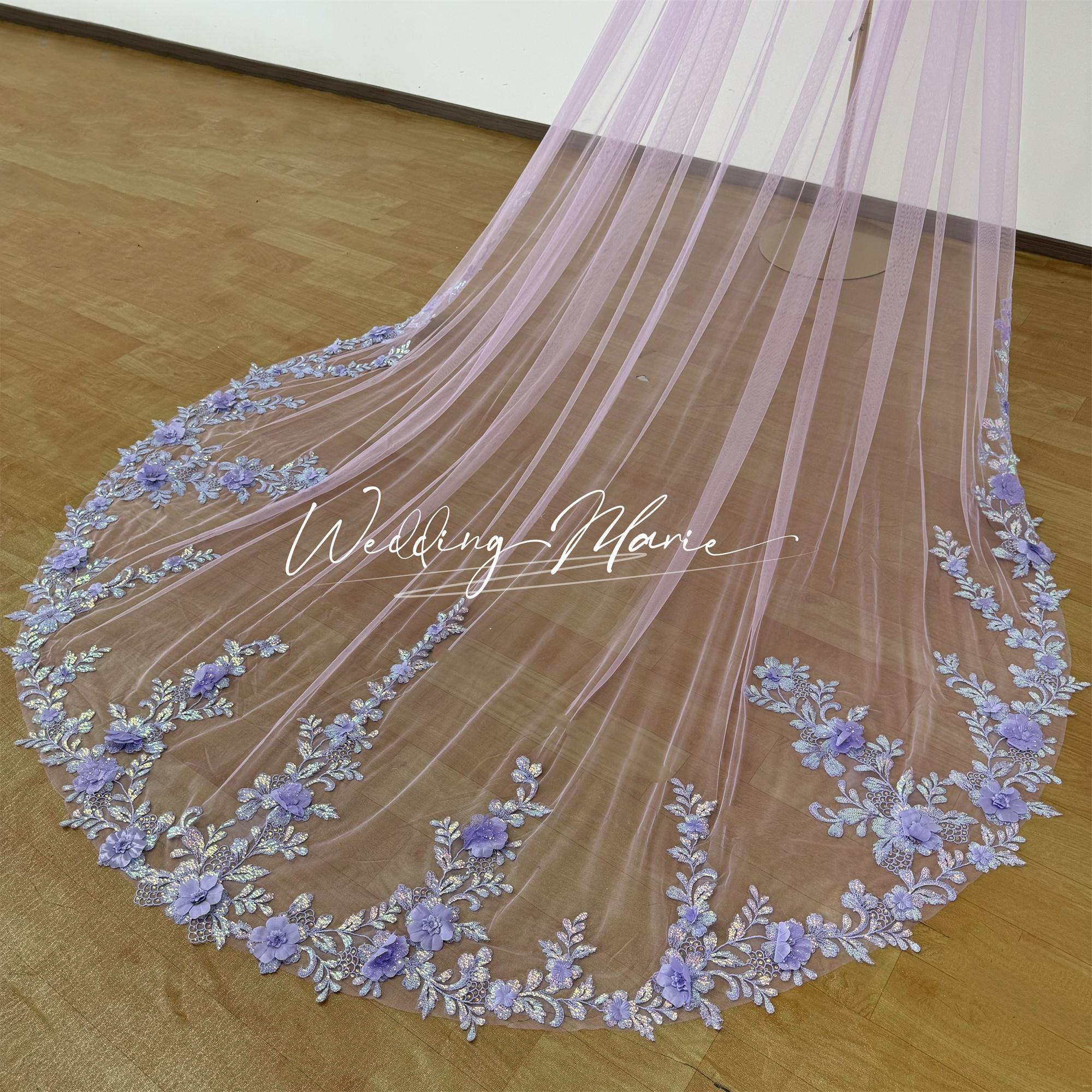 Purple Floral Wedding Cape Veil: V-back Bridal Cathedral Veil - Etsy