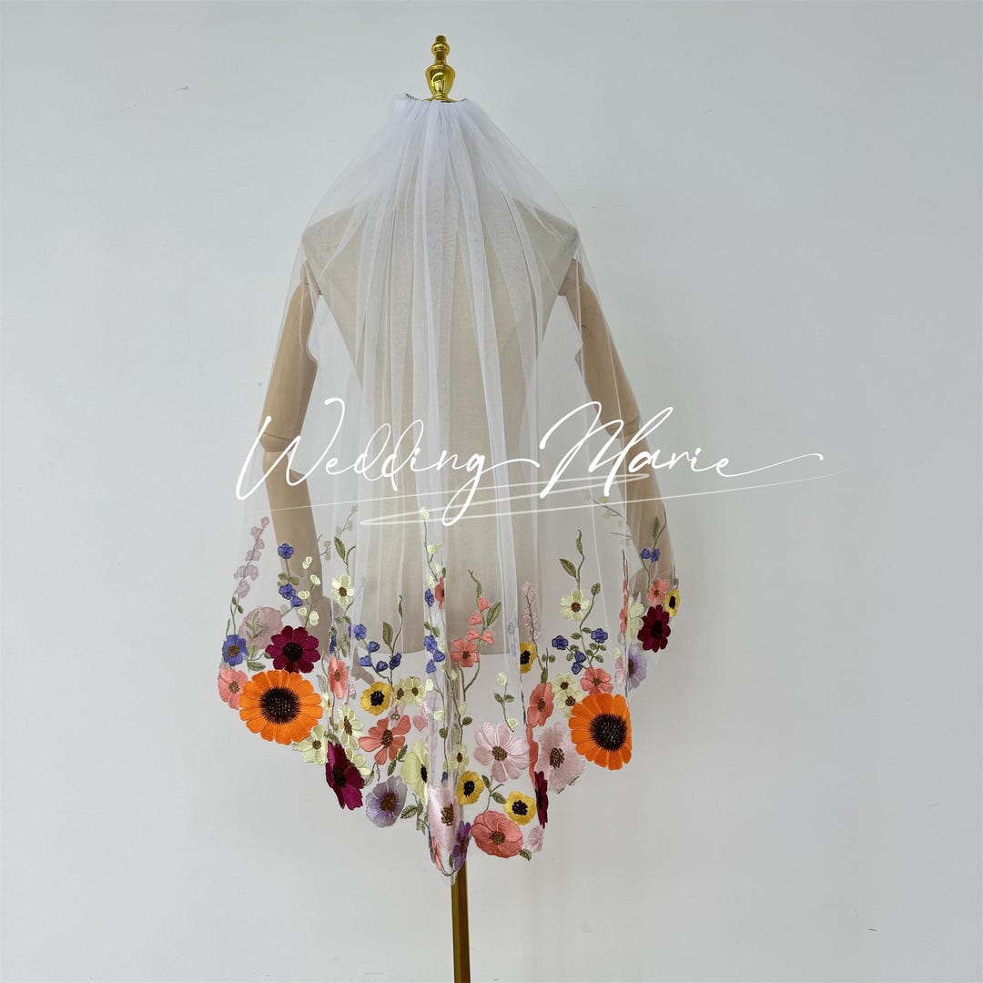 Colorful Floral Wedding Veil, Sunflower Appliques Veil, Forest Style ...