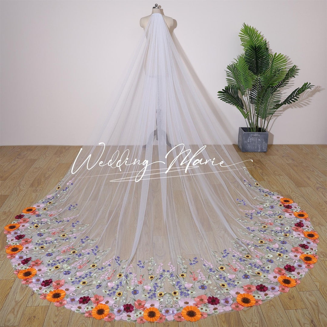 Colorful Floral Wedding Veil, 3D Flower Veil for Bride, Forest Veil ...