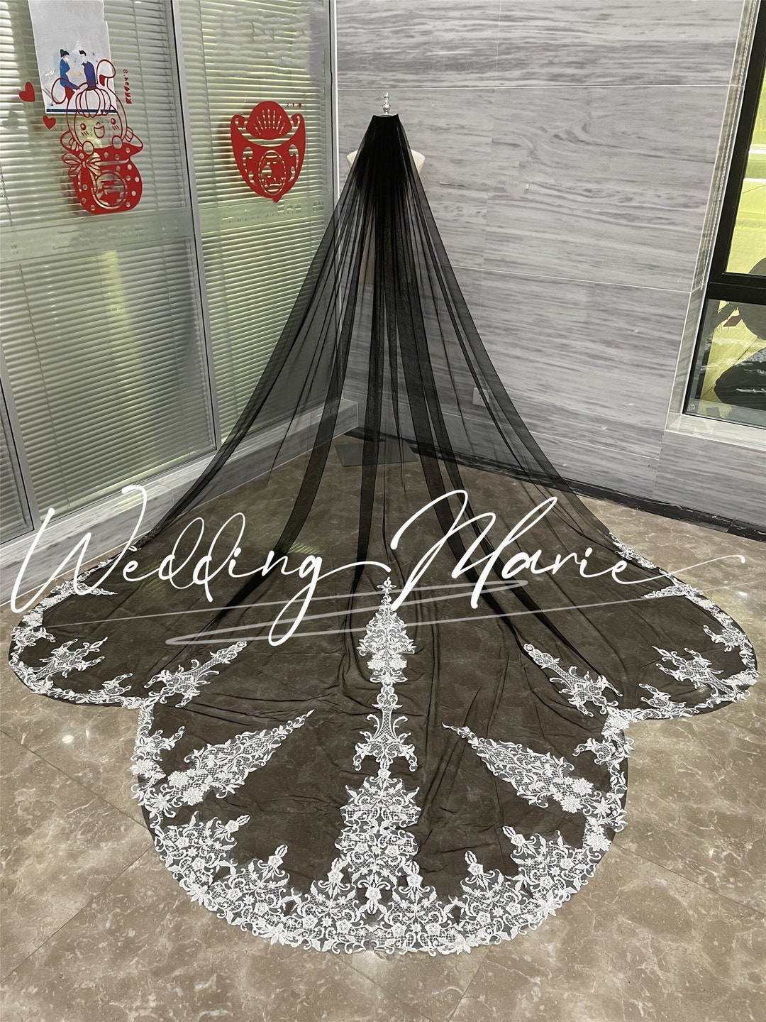 Black Veil With Ivory Lace Irregular Tail Veil Bridal Veil - Etsy