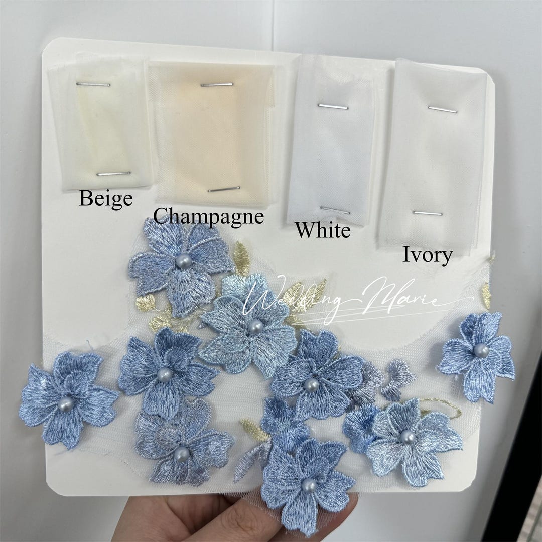 Fabric: Blue Floral Appliques + Tulle Color Sample( White/ivory/beige ...