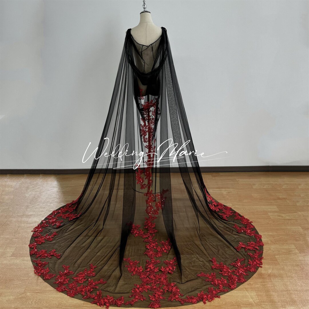 Black Wedding Cape With Detachable Hood, Red Appliques Cape Veil ...