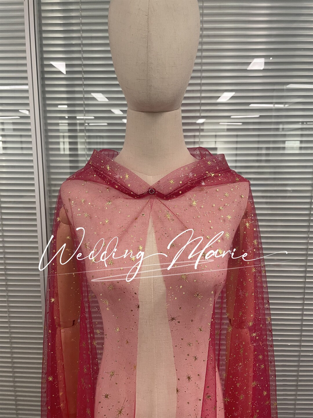 Shimmer Hooded Cape Veil, Rose Red Wedding Cape, Waltz-length Cape Veil ...