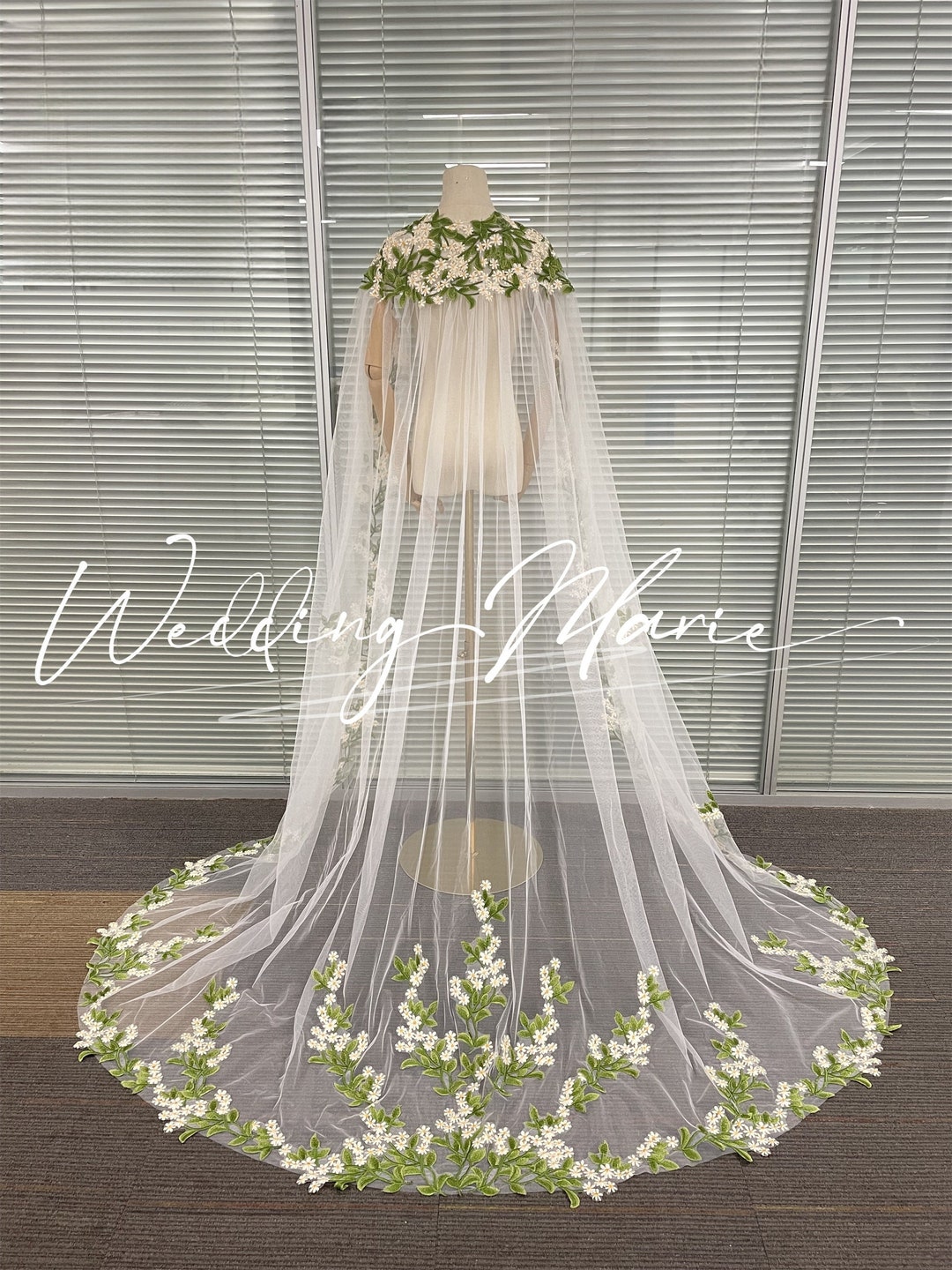 Wedding Cloak, Bridal Cape Veil With Green Lace, Leaf Cape Veil ...