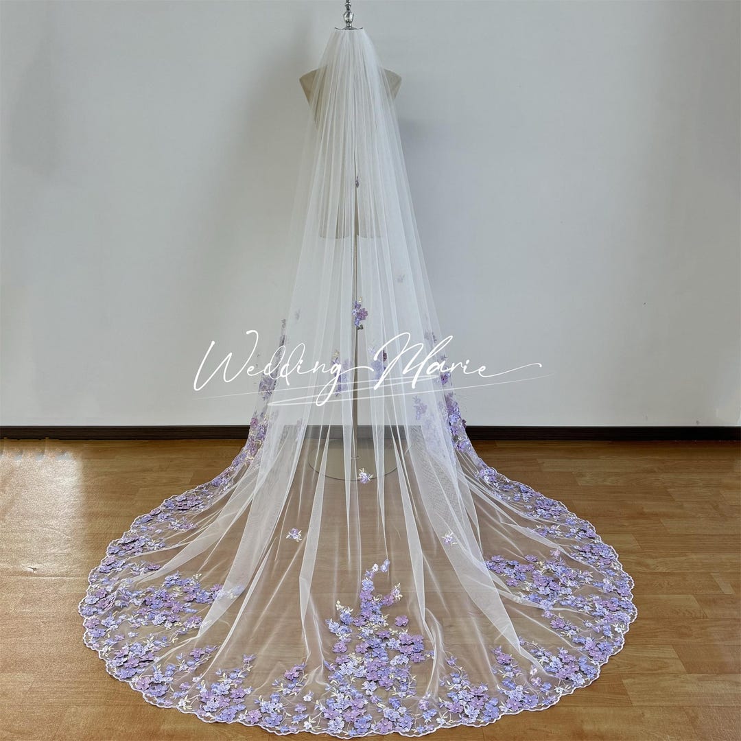 Purple Floral Wedding Veil, Unique Bridal Veil, Colored Flower Veil ...