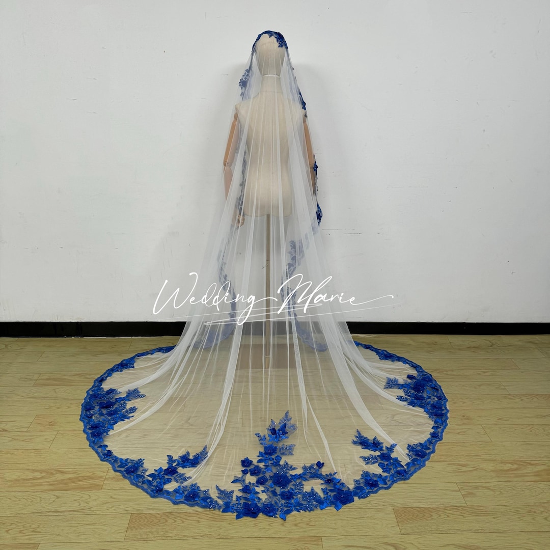 Royal Blue Floral Mantilla Veil: Handmade 3D Flower Bridal Veil - Etsy