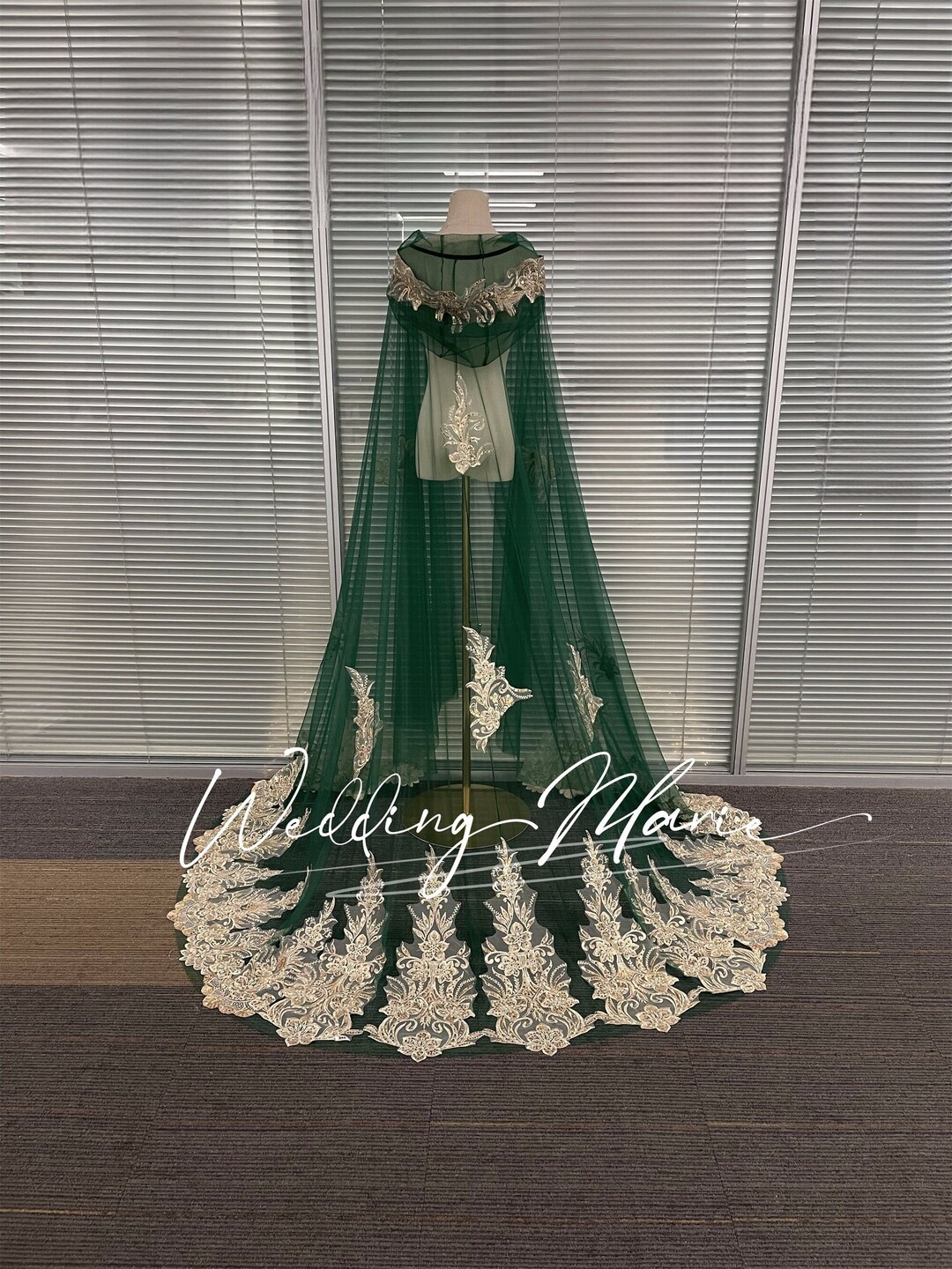 Dark Green Wedding Cape, Gold Appliques Veil, Vintage Bridal Veil ...