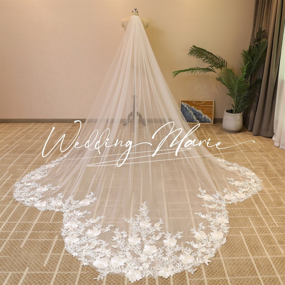 Champagne Floral Appliques Bridal Veil, Irregular Shaped Trailing Veil ...