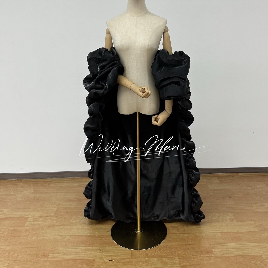 Pleated Design Cape, Black Organza Cape, Off-the-shoulder Puff Sleeve ...