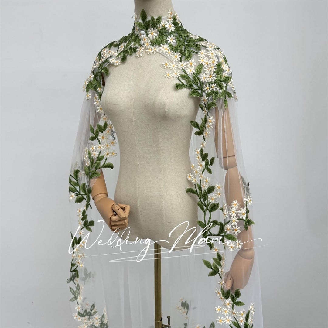 Green Leaf Embroidered Wedding Cape: Bridal Forest Style Veil - Etsy