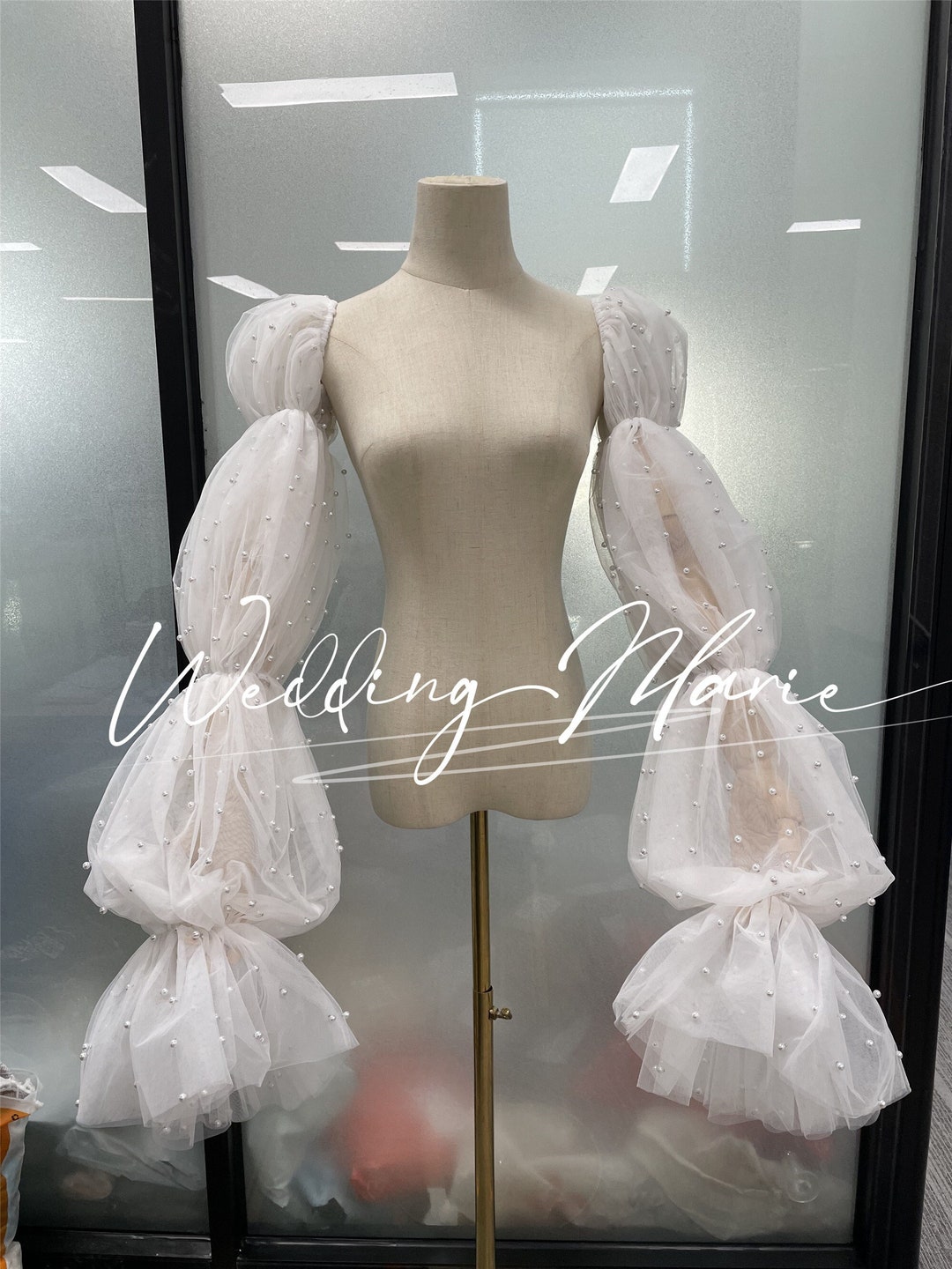 Wedding Sleeves With Pearl Netting, Detachable Sleeves, Super Long ...