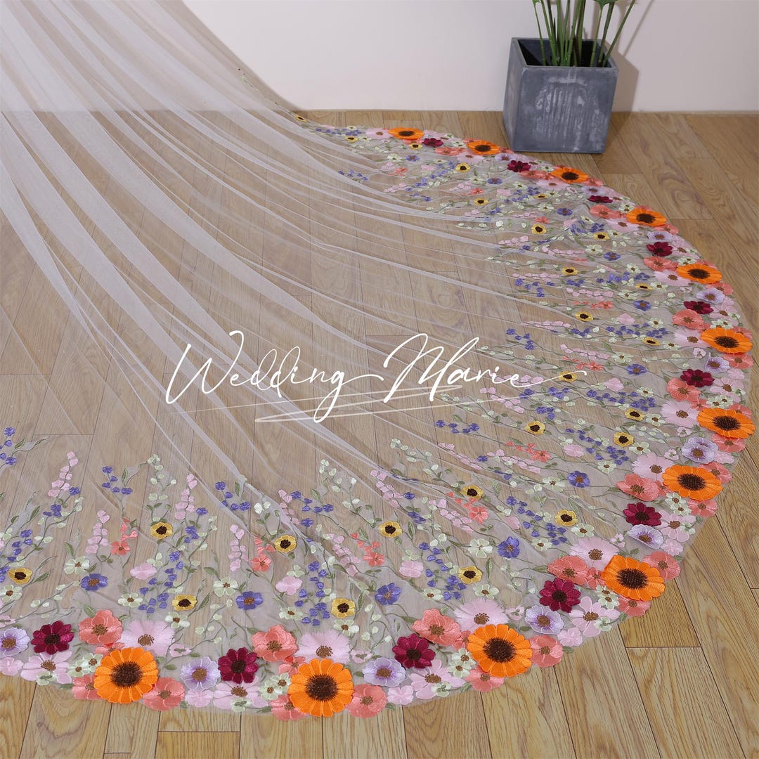 Colorful Floral Wedding Veil, 3D Flower Veil for Bride, Forest Veil ...