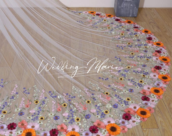 Colorful Floral Wedding Veil, 3D Flower Veil for Bride, Forest Veil ...
