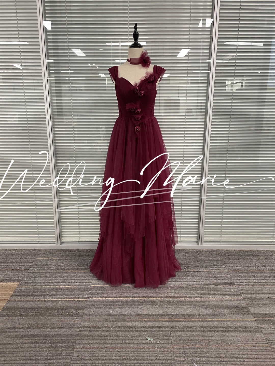 Dark Burgundy Prom Dress With Neck Accessories, Flower Prom Gown, A ...
