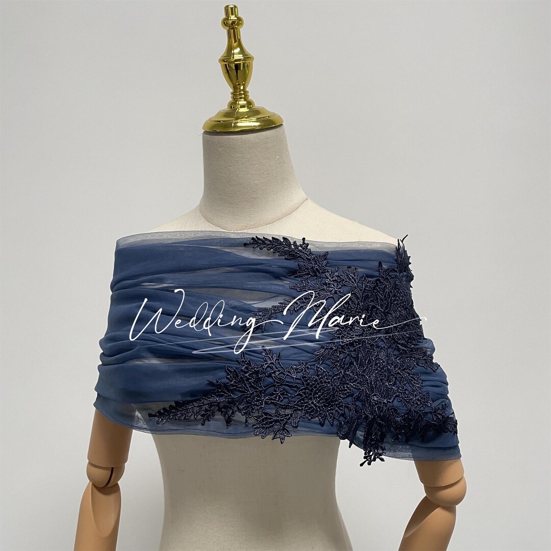 Dark Navy Shawl, Floral Tulle Wrap, Off-the-shoulder Shawl With Floral ...