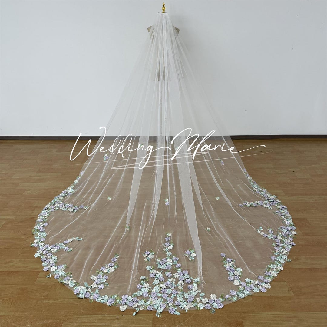 Green Floral Wedding Veil, 3D Flower Veil With Beads, Foresty Bridal ...