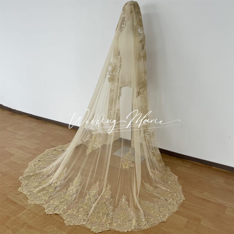 Gold Applique Wedding Veil: Handmade Chapel Length Mantilla - Etsy