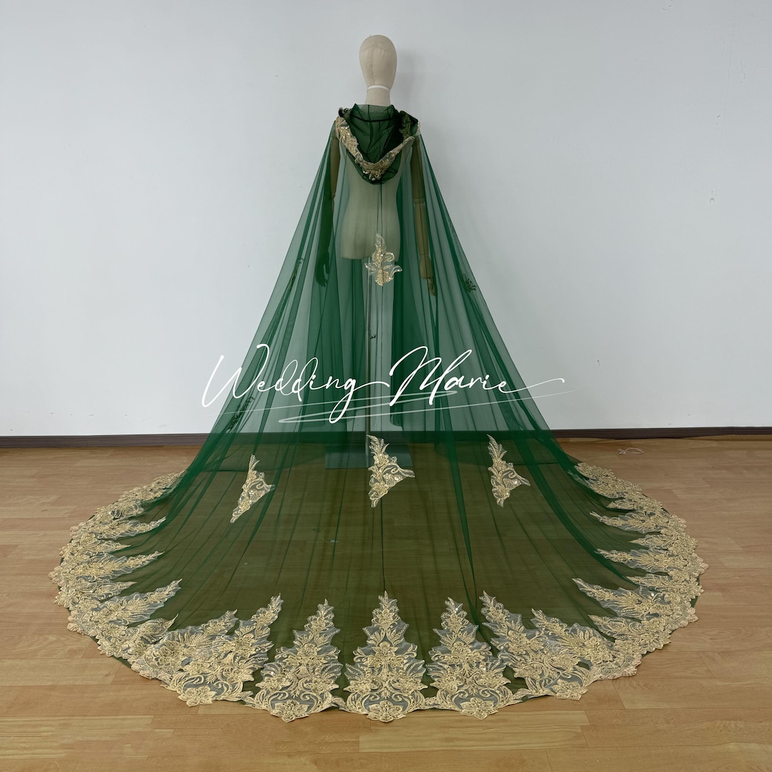 Handmade Dark Green Hooded Wedding Cape With Gold Appliques - Etsy