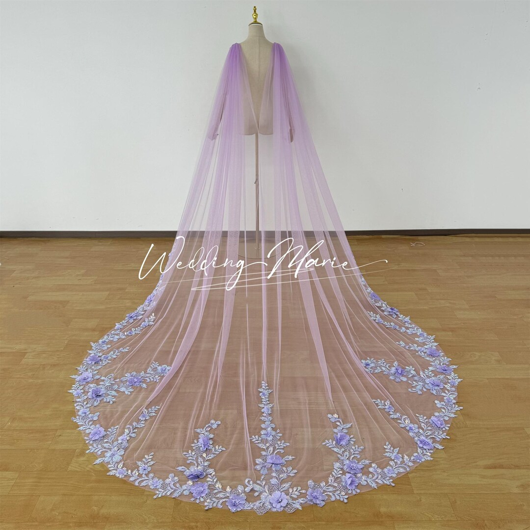 Purple Floral Wedding Cape Veil: V-back Bridal Cathedral Veil - Etsy