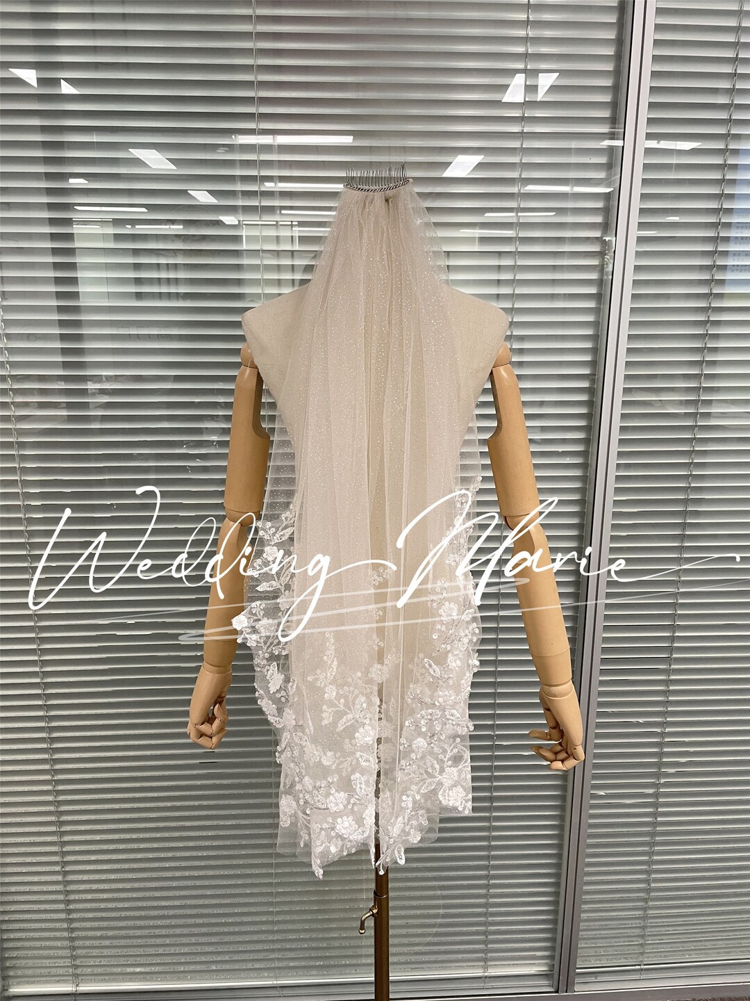 Handmade Champagne Glitter Tulle Wedding Veil: Floral Sequined Bridal ...