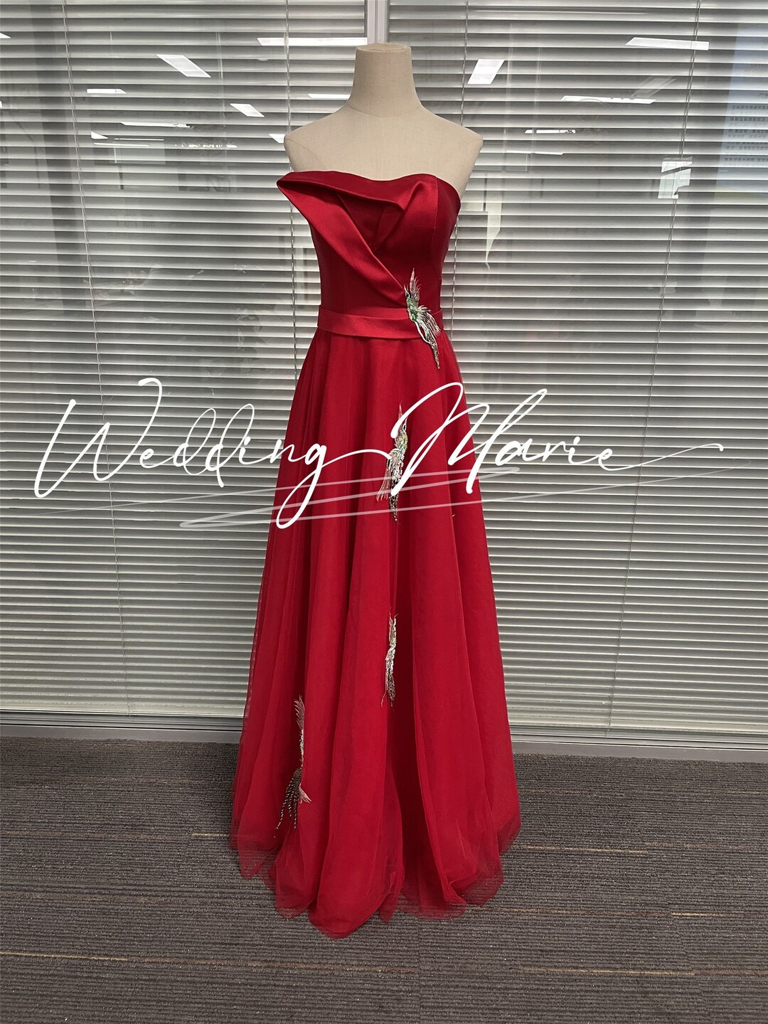 Red Prom Dress, Strapless Prom Dress, Embroidered Gown Dress, Floor ...