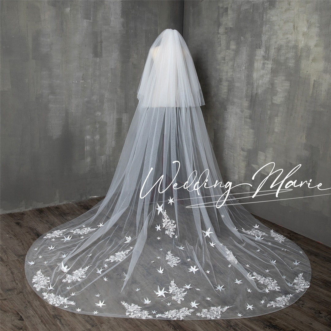 Two Tiers Wedding Veil, 3D Star Veil With Lace, Blusher Veil, Cathedral ...