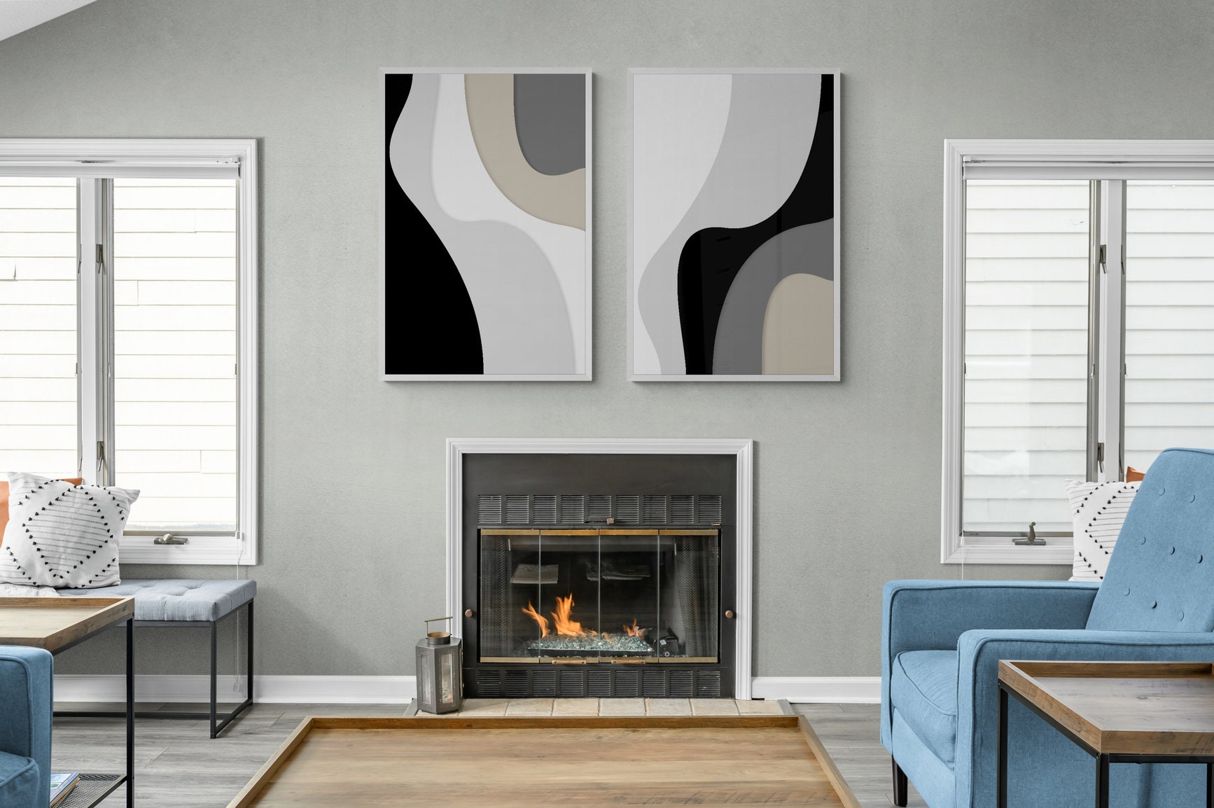 Grey Abstract Poster Set of Two Prints, Minimalist Contemporary Trendy ...