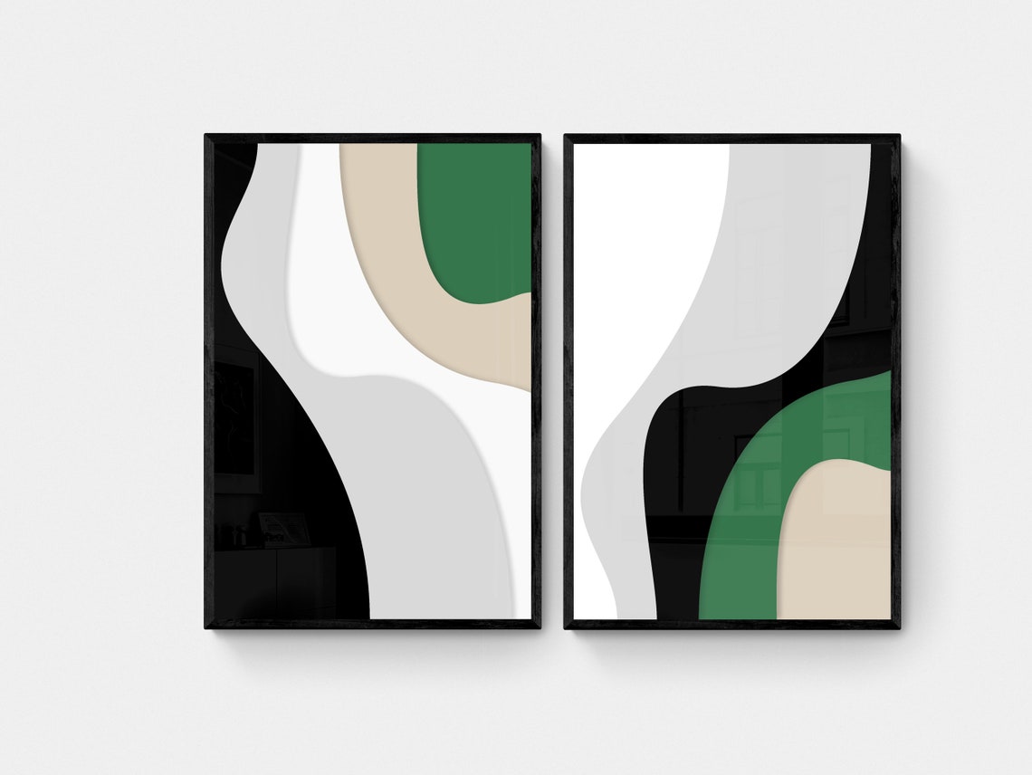 Green Abstract Poster Set of Two Prints, Minimalist Trendy Neutral ...