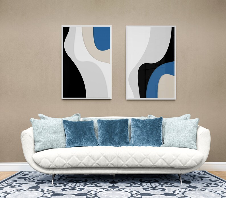 Blue Abstract Poster Set of Two Prints, Minimalist Trendy Neutral ...