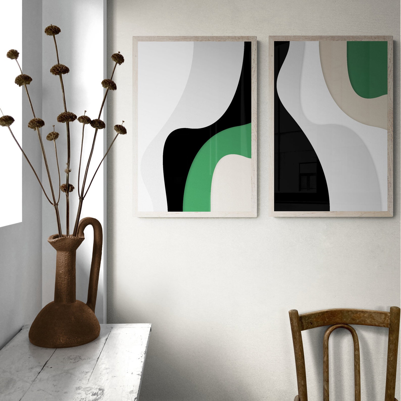 Green Abstract Poster Set of Two Prints, Minimalist Trendy Neutral ...