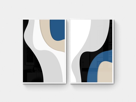 Blue Abstract Poster Set of Two Prints Minimalist Trendy - Etsy