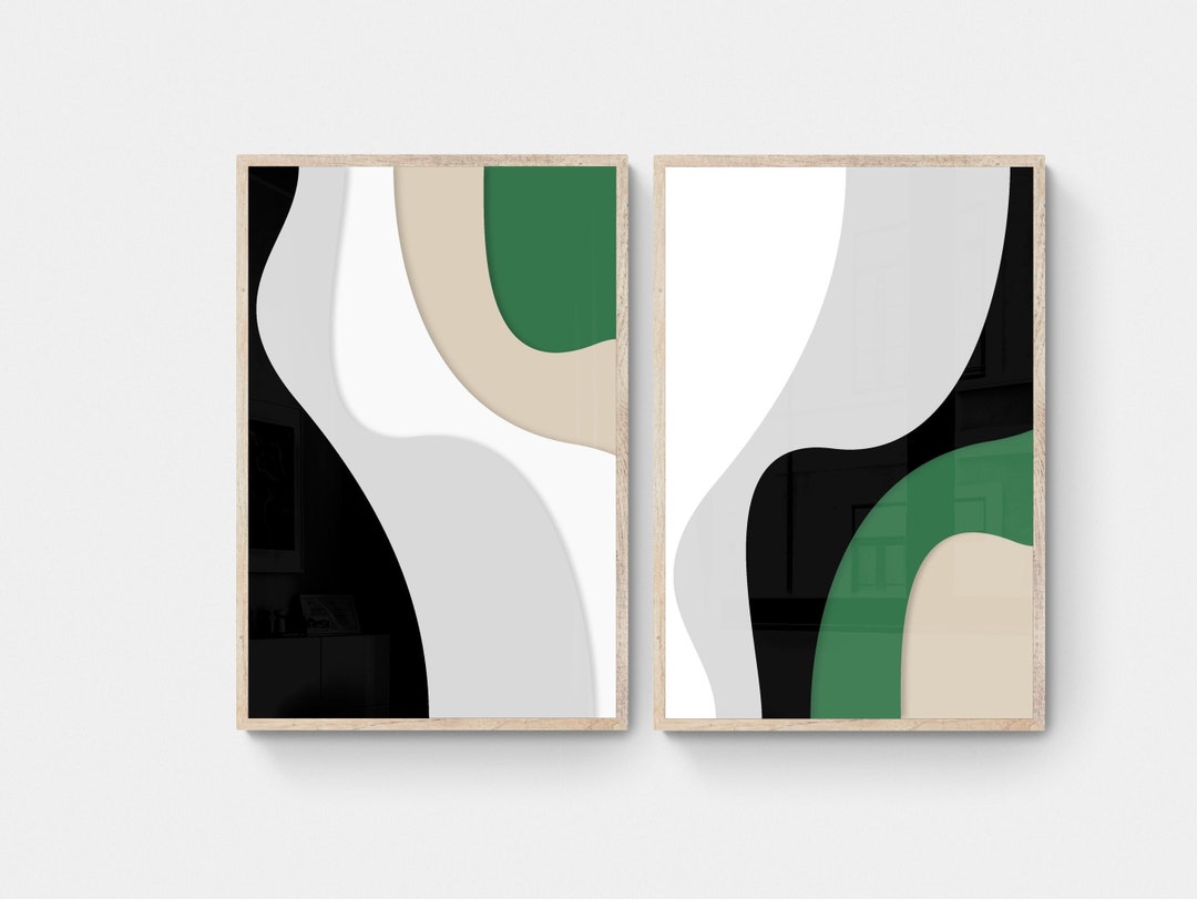 Green Abstract Poster Set of Two Prints, Minimalist Trendy Neutral ...