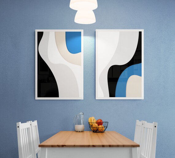 Blue Abstract Poster Set of Two Prints Minimalist Trendy - Etsy