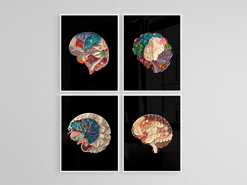 Paper Quill Human Brain Wall Art Set of 4 - Neuroscience Decor ...