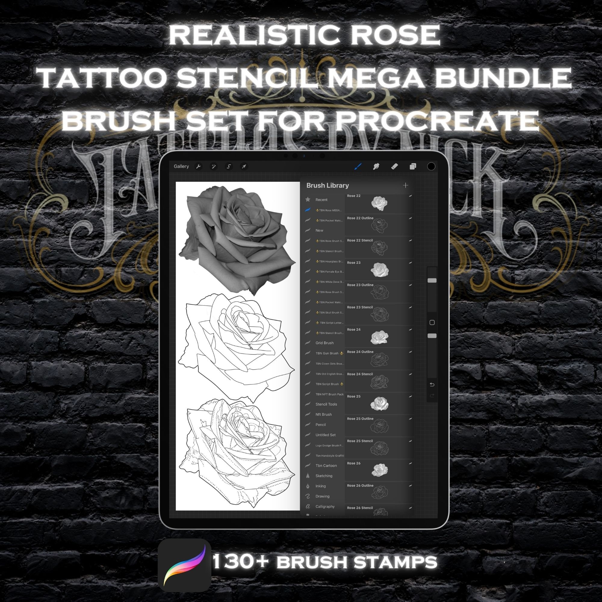 130+ Realistic Rose Tattoo Stencil Procreate Brush Set MEGA Bundle - Etsy