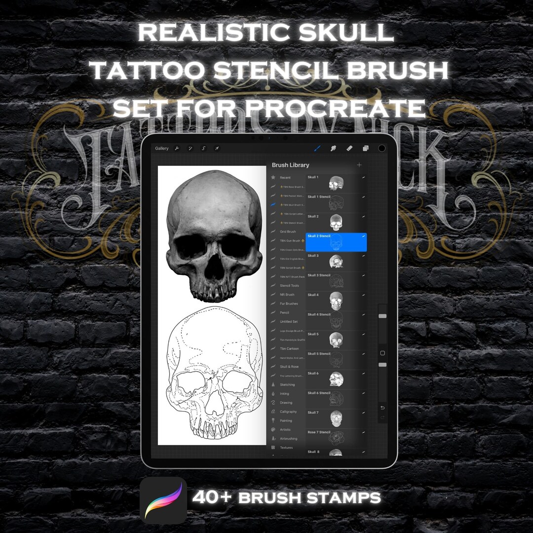 40+ Realistic Skull Tattoo Stencil Procreate Brush Set - Etsy