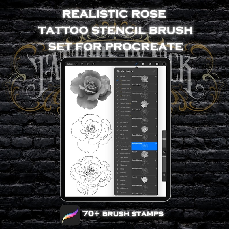 70+ Realistic Rose Tattoo Stencil Procreate Brush Set - Etsy