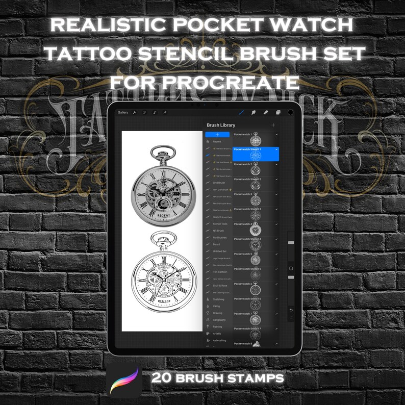 20 Realistic Pocket Watch Tattoo Stencil Procreate Brush Set - Etsy