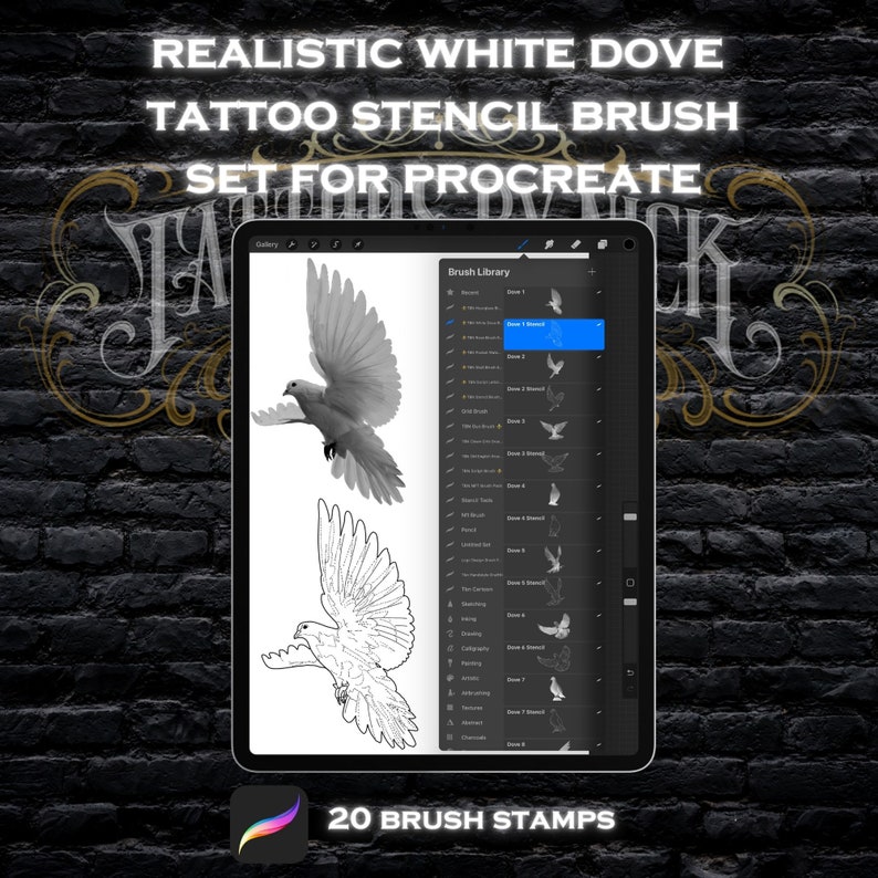 20 Realistic White Dove Tattoo Stencil Brush Set for Procreate - Etsy