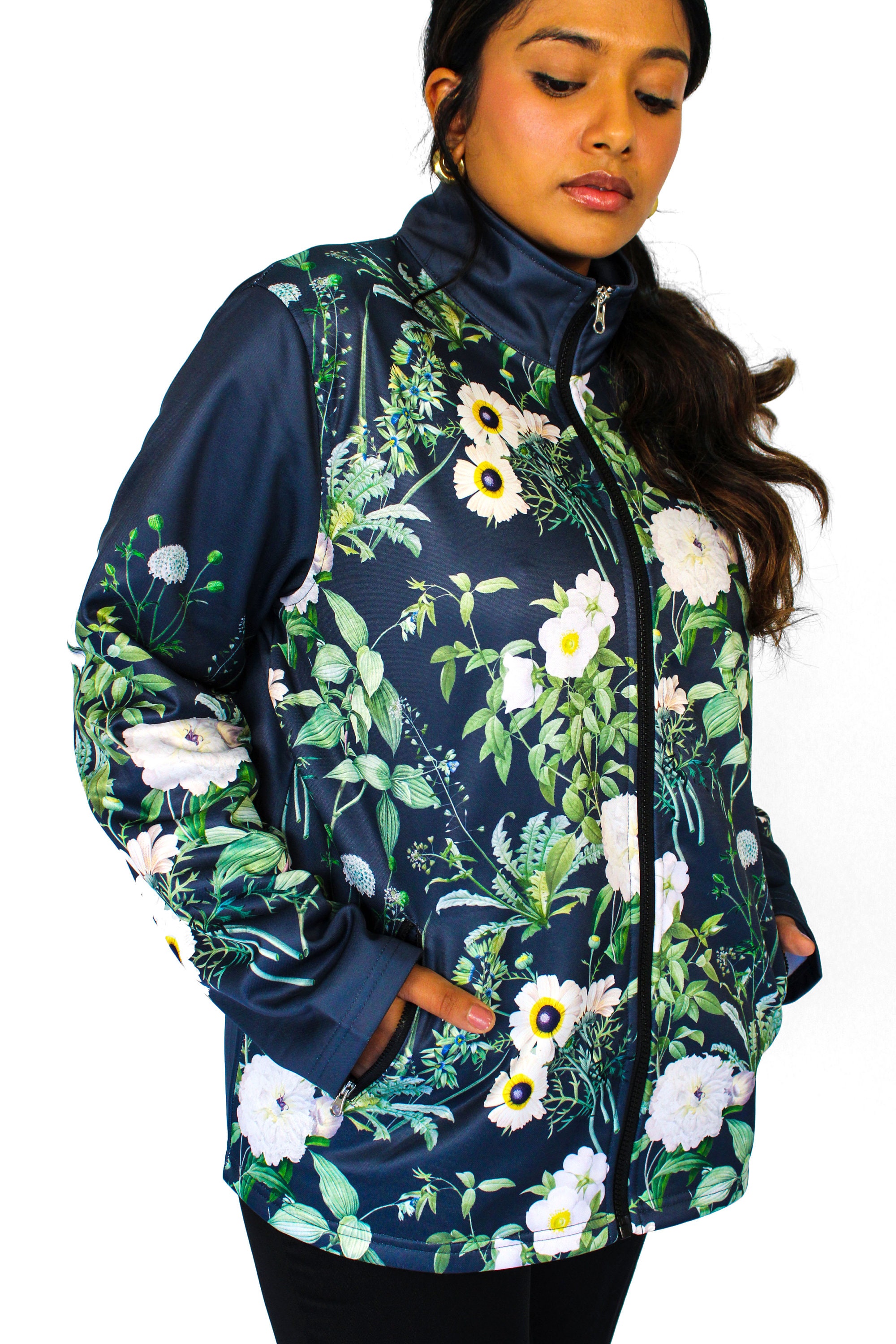 Navy Wildflower Fleece Lined Jacket Winter Jacket Floral - Etsy