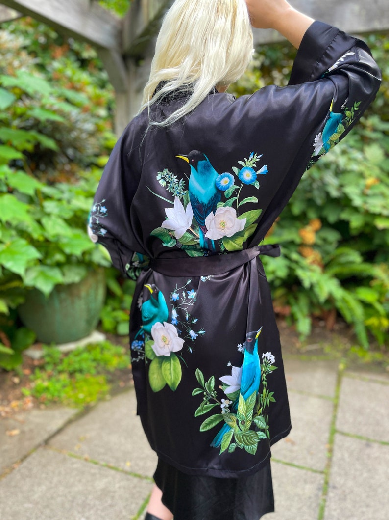 Green Bird Black Kimono Robe for Women Botanical Bird Print - Etsy