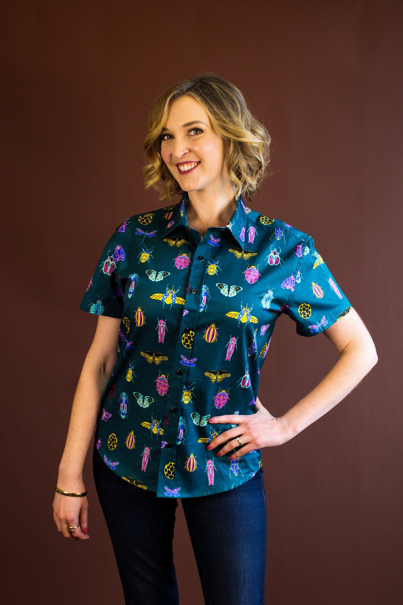 Organic Cotton Bug Print Shirt, Teal Button Up, Bug Shirt, Cotton Shirt ...
