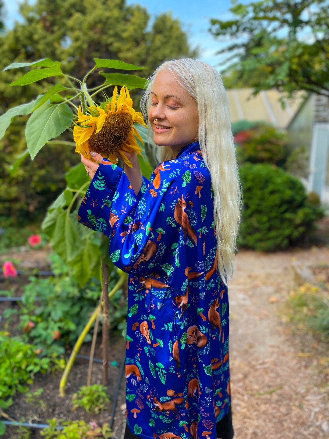 Fox Folklore Navy Blue Kimono Robe for Women, Hand Painted Fox Print ...