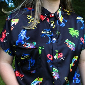 Poison Frogs Button up Satin Shirt, Frog Print Colorful Shirt ...