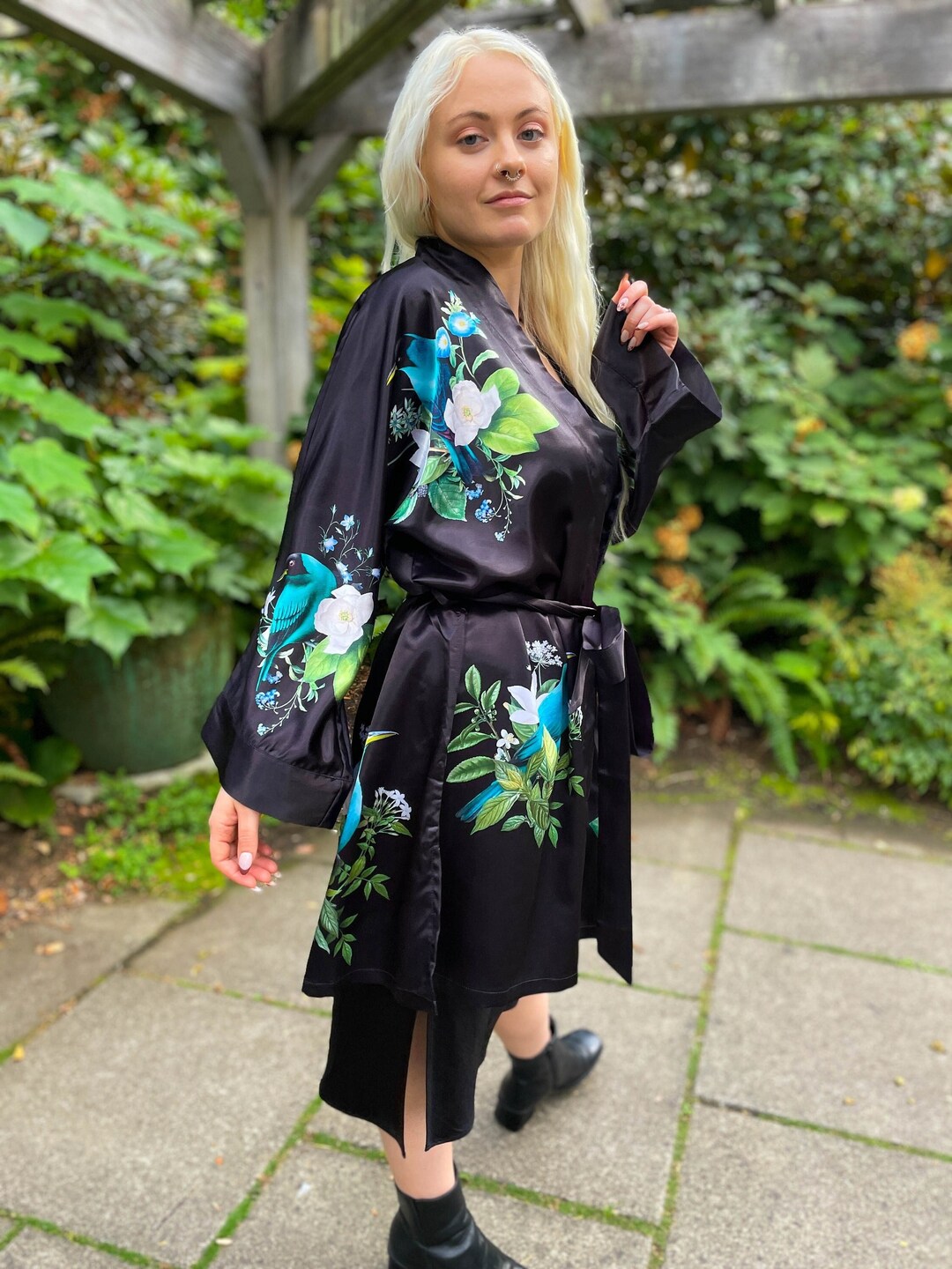 Green Bird Black Kimono Robe for Women, Botanical Bird Print, Bohemian ...