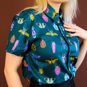 Organic Cotton Bug Print Shirt, Teal Button Up, Bug Shirt, Cotton Shirt ...
