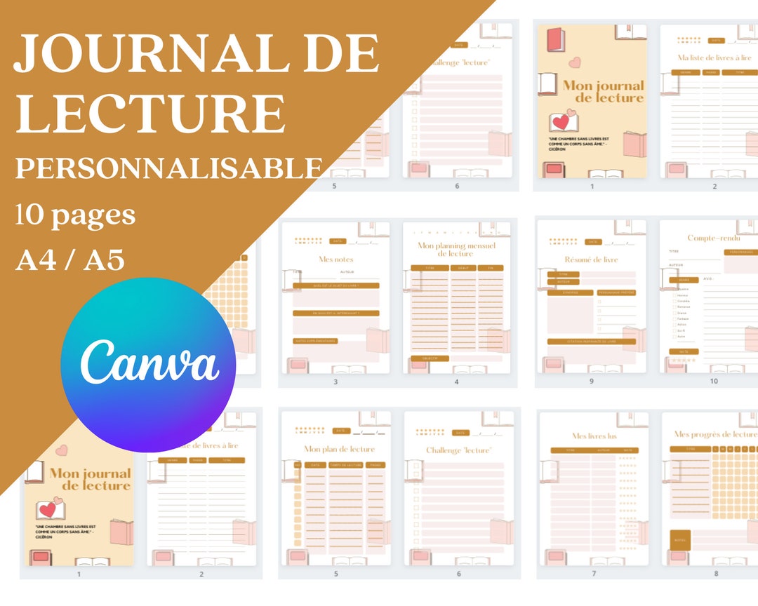 JOURNAL de LECTURE personnalisable dans CANVA 10 pages en français ...