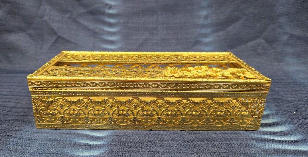 Golden Metal Knick Knack Box: Floral Jewelry Box, Dresser Decor - Etsy