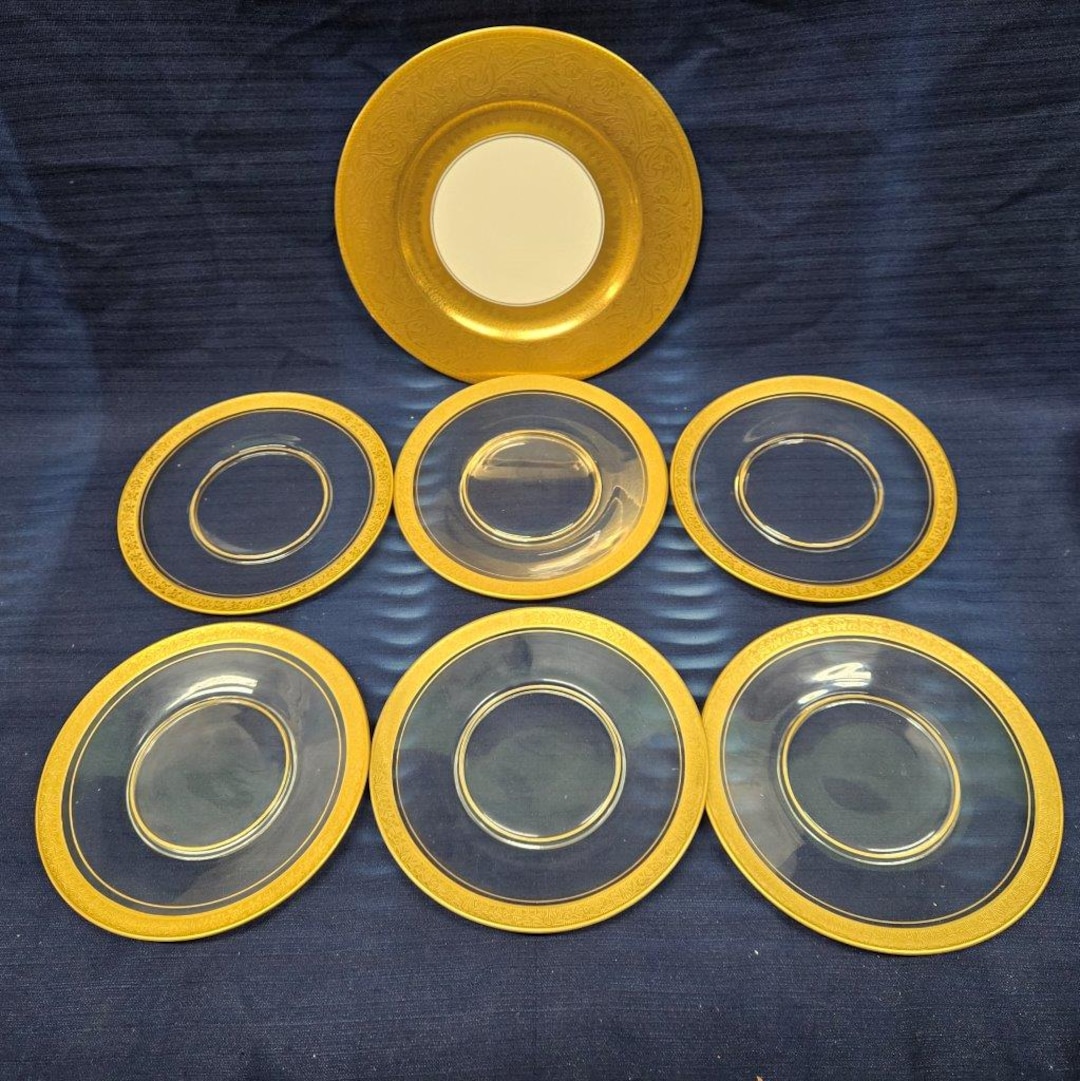 Set of 7 Golden and Clear Glass Plates – Collectible Vintage Glass ...