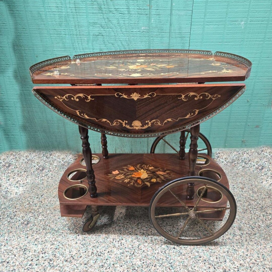 Vintage Rolling Butler's Table: Inlay Wood Drop Leaf Trolley Cart ...